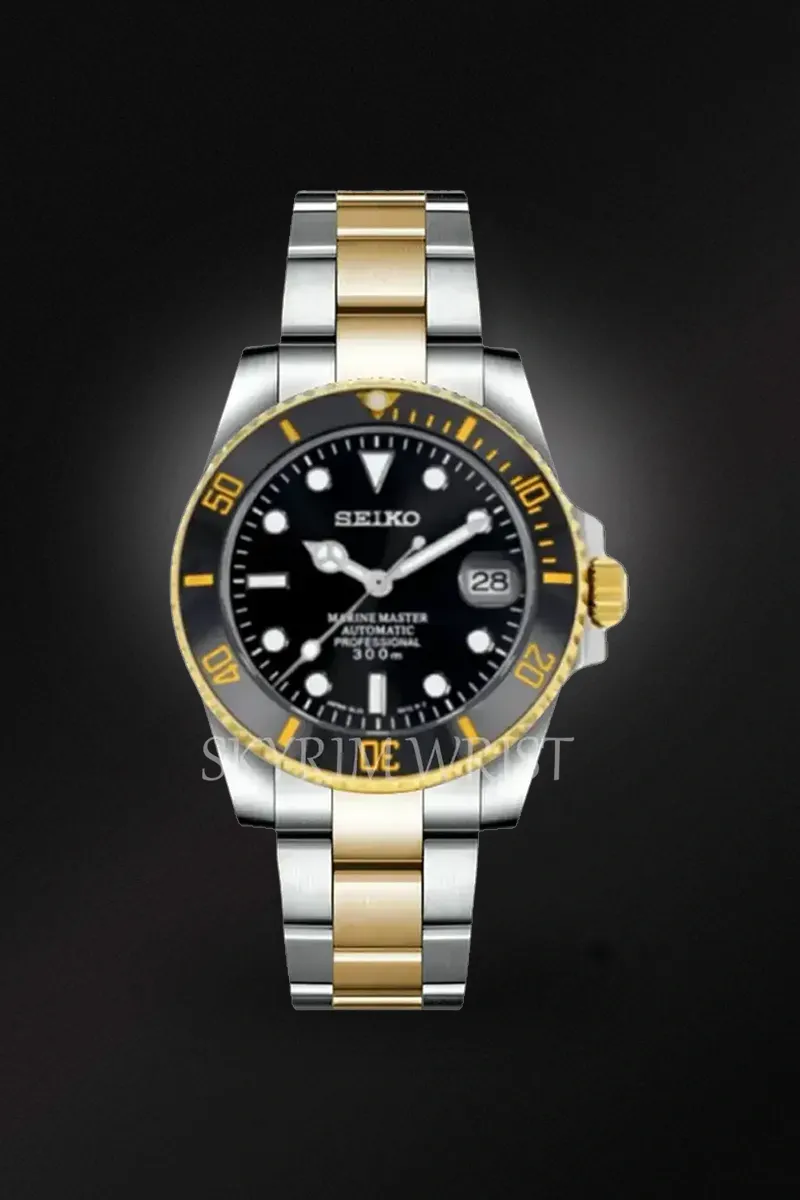 Seiko Mod Submariner Two-Tone Gold Black Watch - SKYRIM WRIST